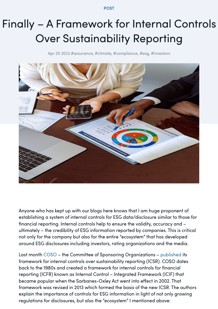 Finally – A Framework For Internal Controls Over Sustainability Reporting | IFC Beyond the ...